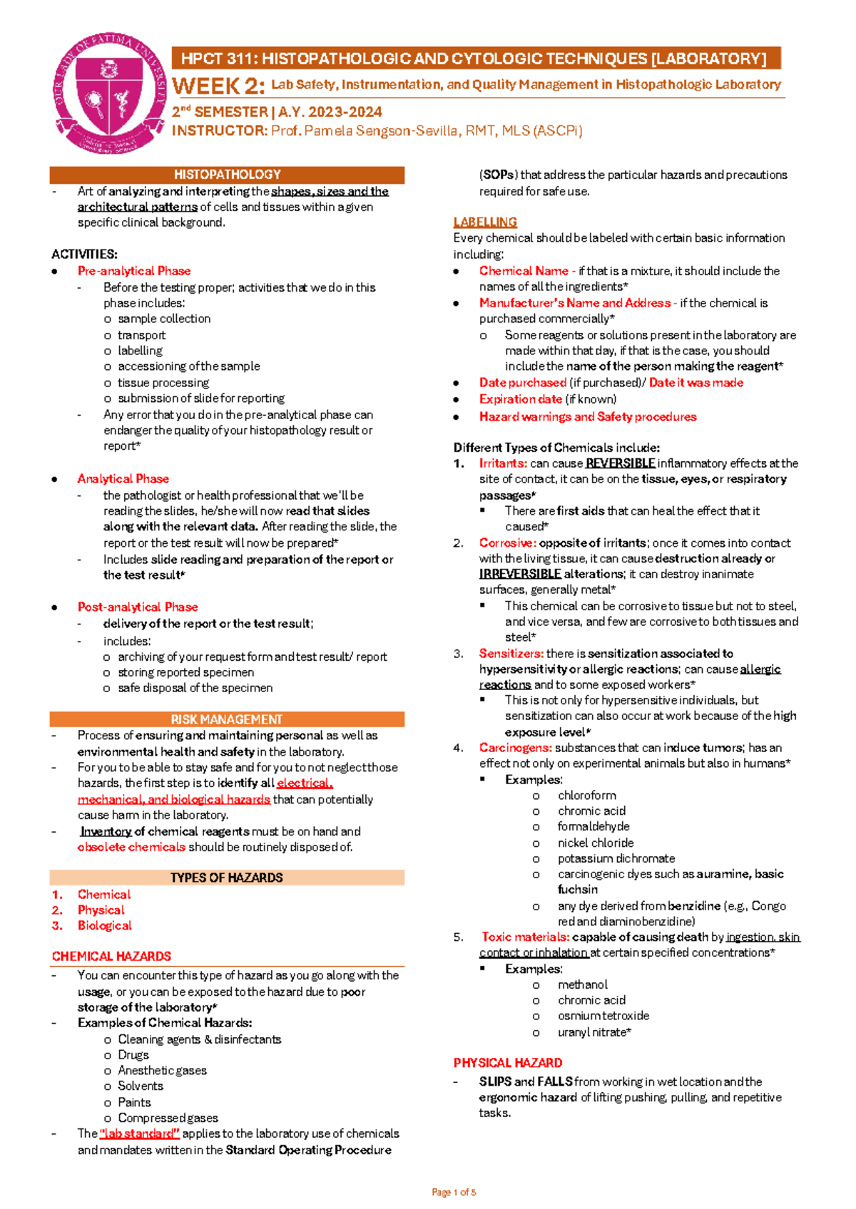 HPCT 311: WEEK 2 LAB SAFETY & QUALITY MGMT IN HISTOPATHOLOGY - Studocu