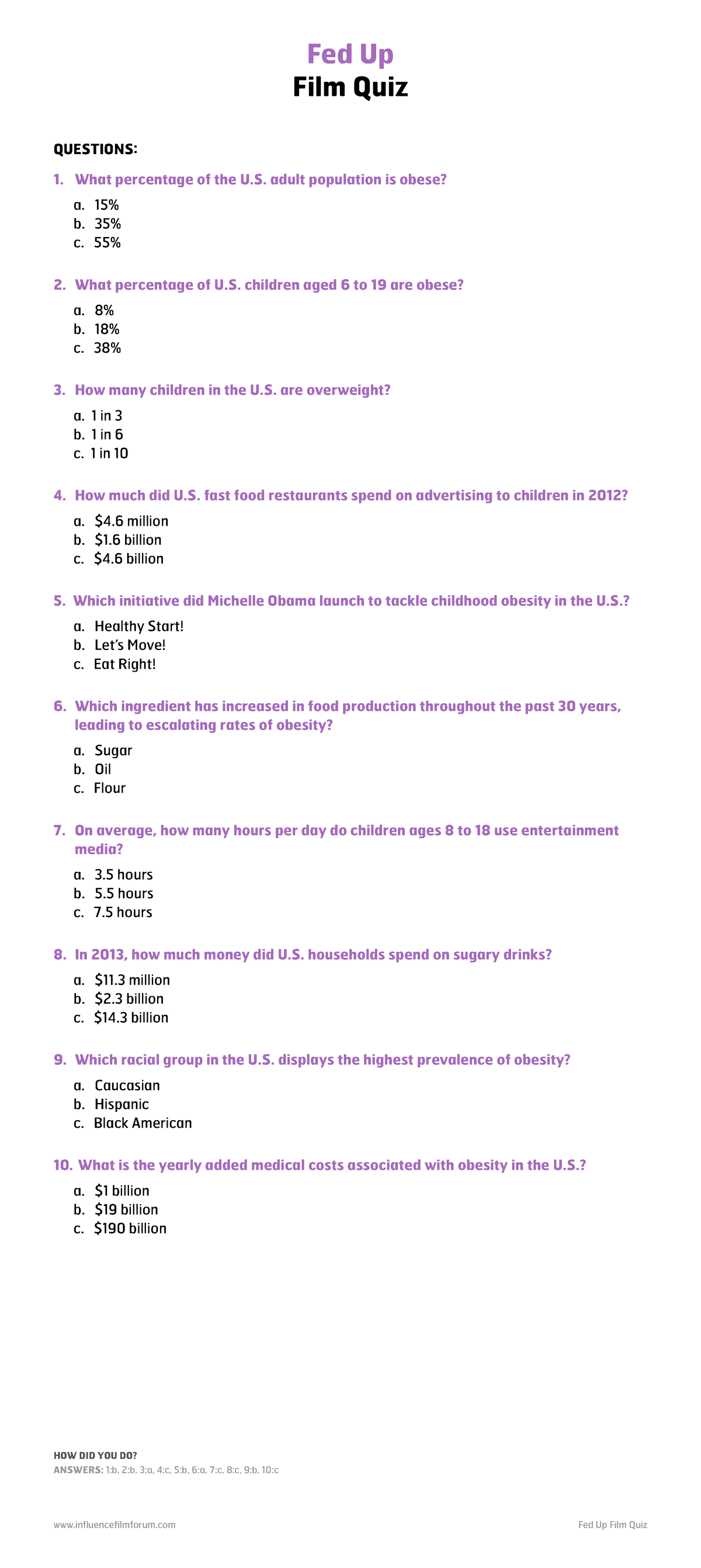 Fed Up Film Quiz: Obesity Awareness Questions and Answers - Studocu