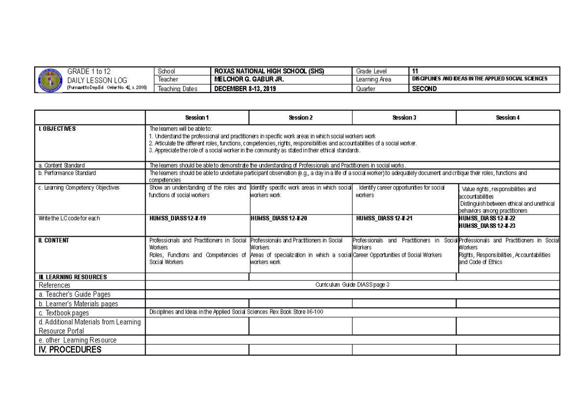 HUMSS_DIASS Grade 11 Daily Lesson Log: Social Work Roles & Ethics - Studocu