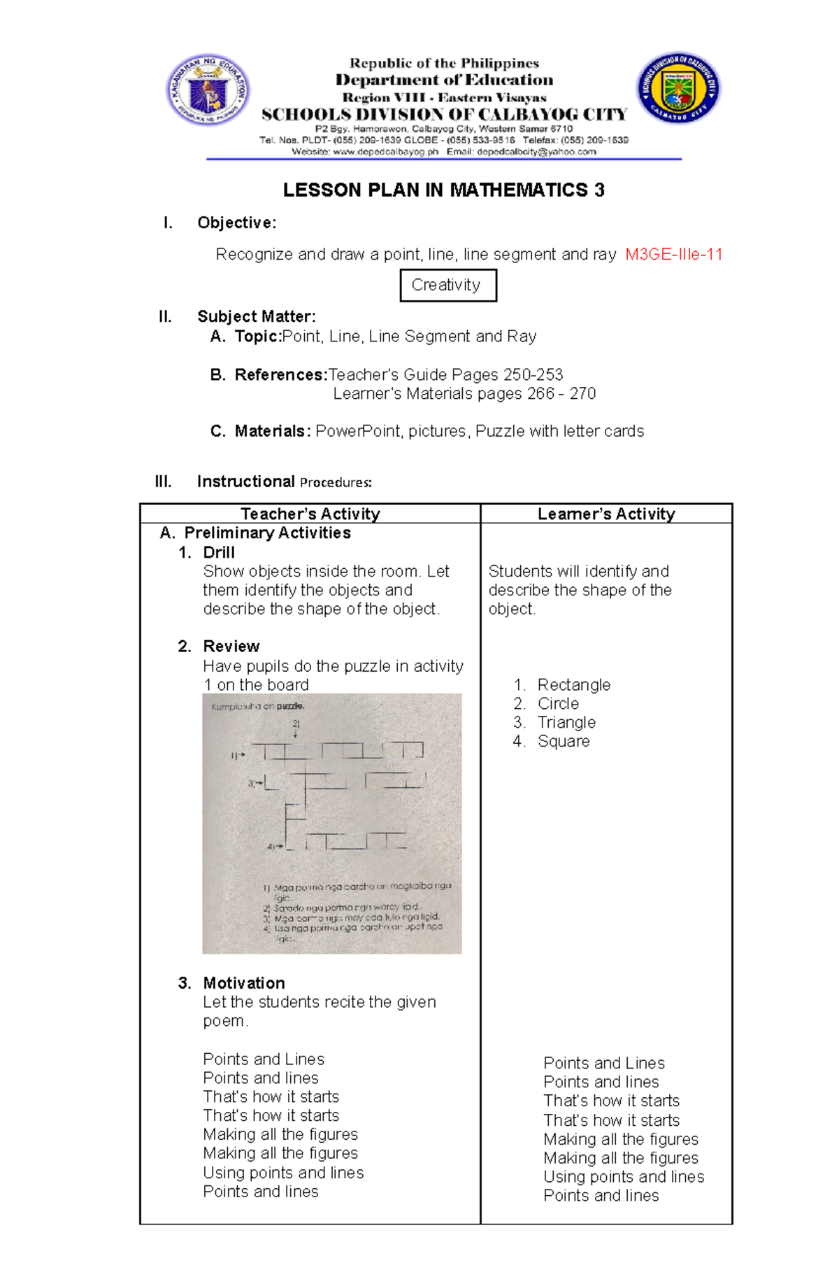 2nd Quarter Lesson Plan: Points, Lines, Segments & Rays (Math 3) - Studocu
