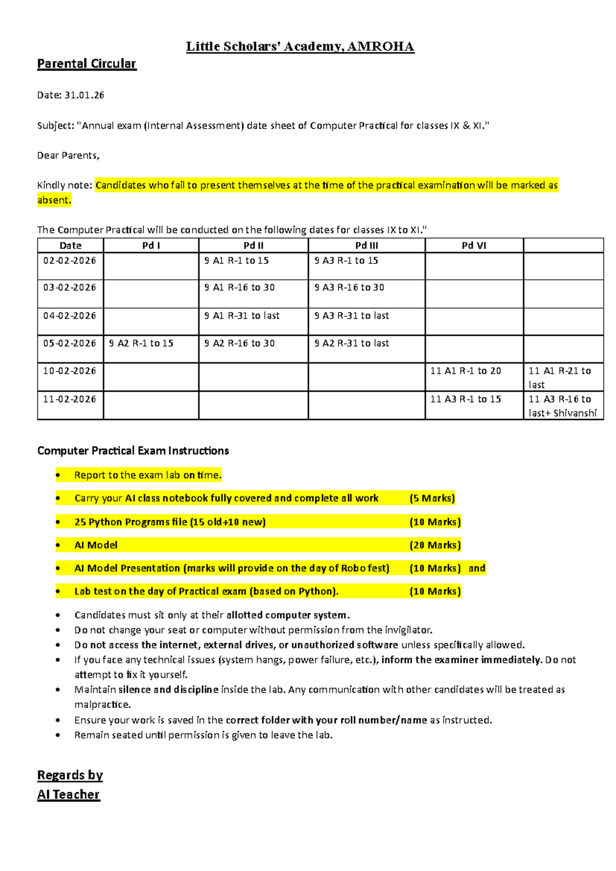 Annual Computer Practical Exam Date Sheet for Class IX - AMROHA - Studocu