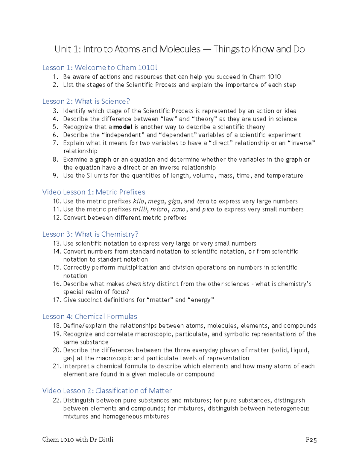Chem 1010 F25: Unit 1 Review - Intro to Atoms & Molecules - Studocu