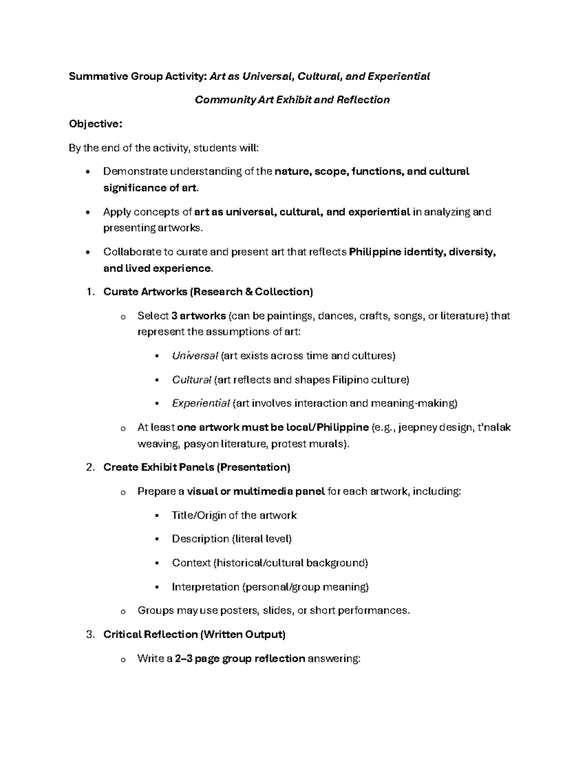 UNIT 1 Summative Activity: Art as Universal and Cultural Reflection ...