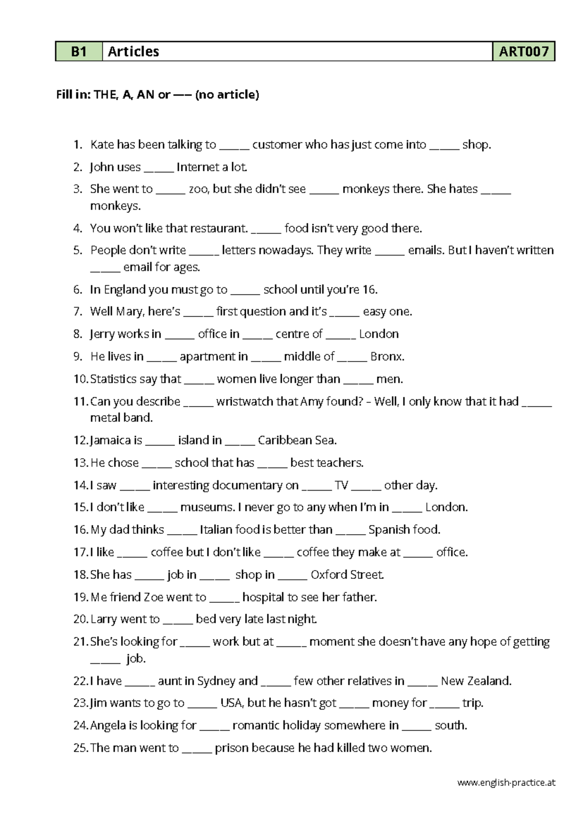 Art007 Definite & Indefinite Articles Practice Exercises and Key - Studocu