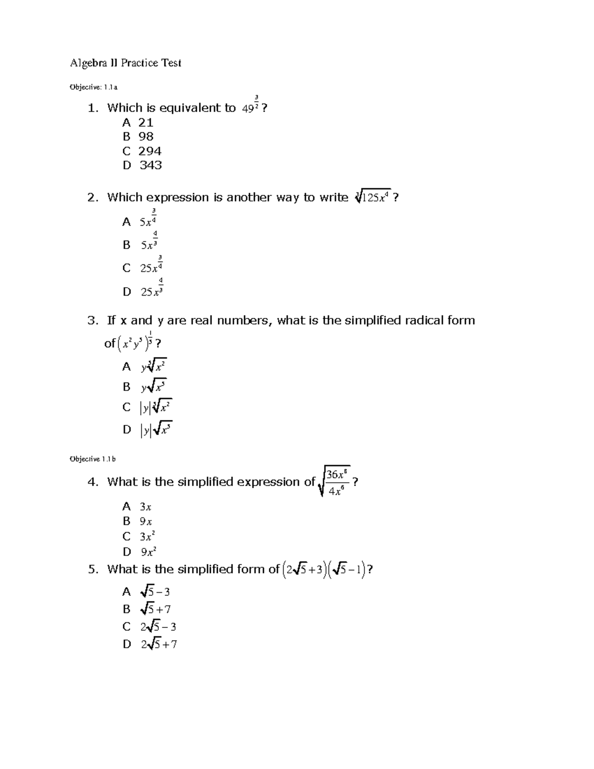 Algebra II Practice Test: Comprehensive Review and Solutions - Studocu