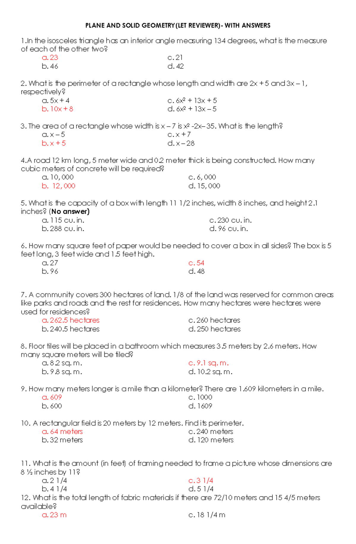 Plane and Solid Geometry (LET Reviewer) - Practice Questions & Answers - Studocu