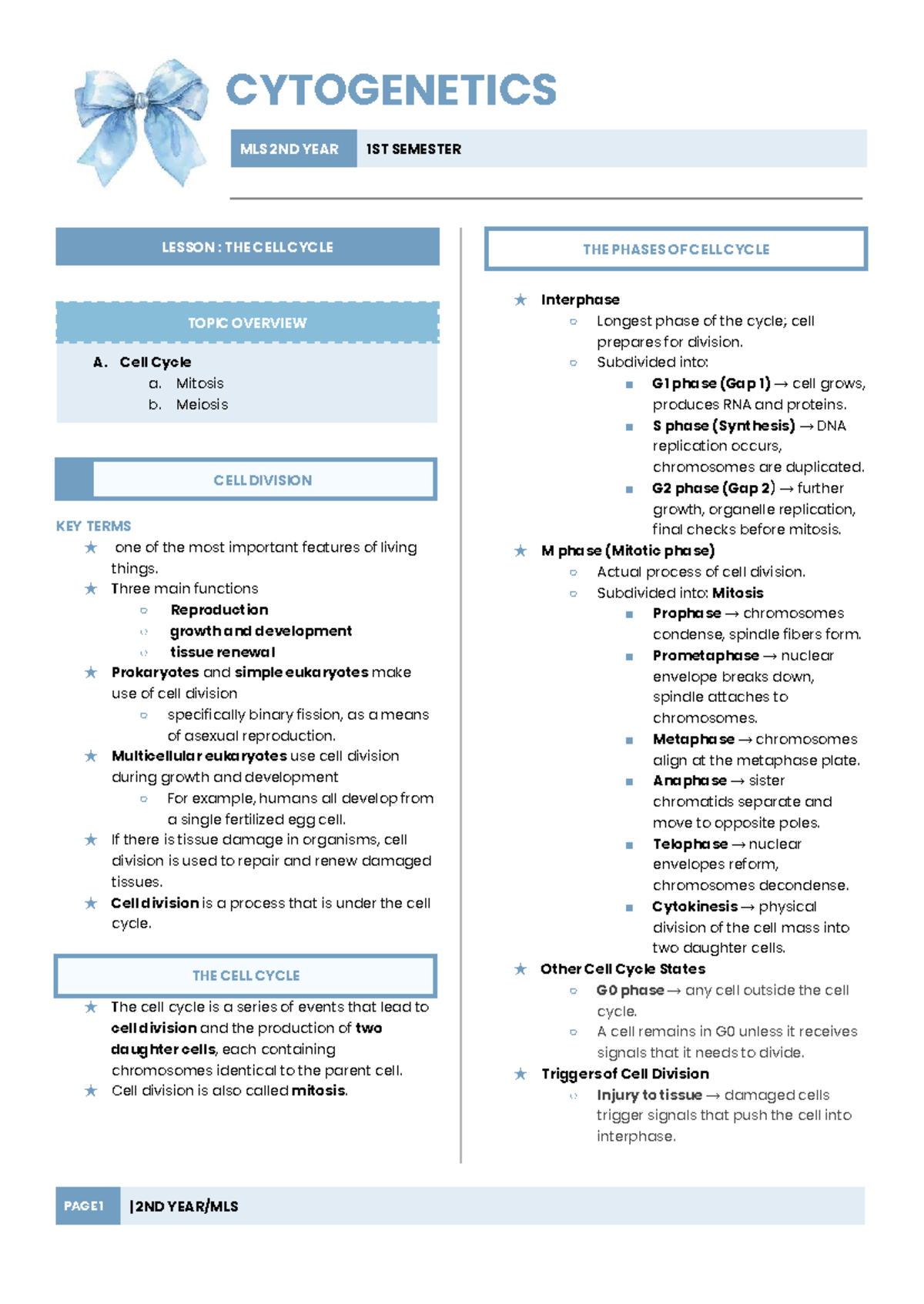 CYTOGENETICS MLS 2ND YEAR 1ST SEMESTER LECTURE NOTES: THE CELL CYCLE ...