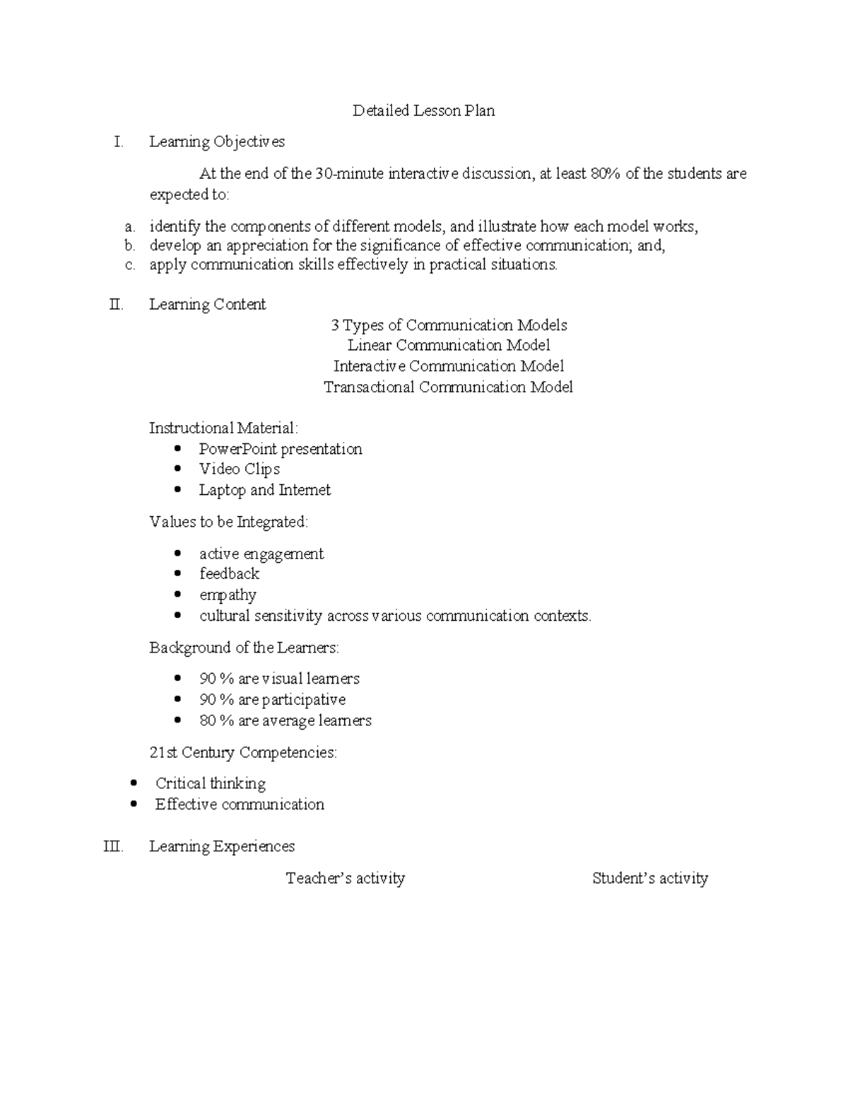 Detailed Lesson Plan - Not perfect - Detailed Lesson Plan I. Learning ...