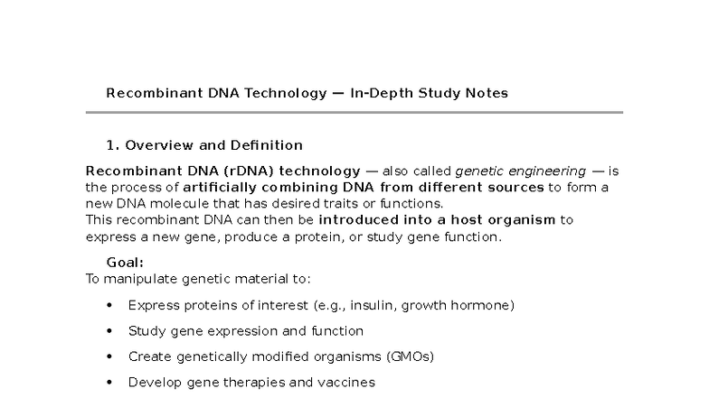 Recombinant DNA Technology Study Notes (BIO 101) - Studocu