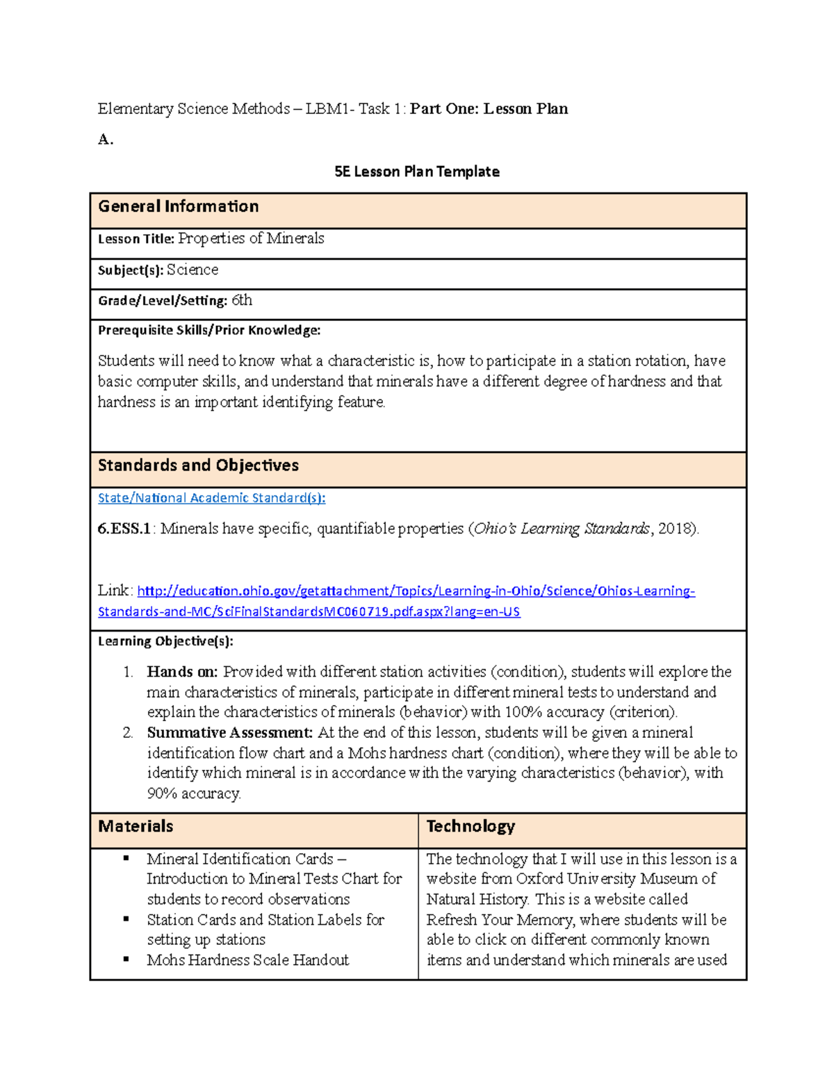 LBM1 5E Lesson Plan: Exploring Properties of Minerals in 6th Grade ...