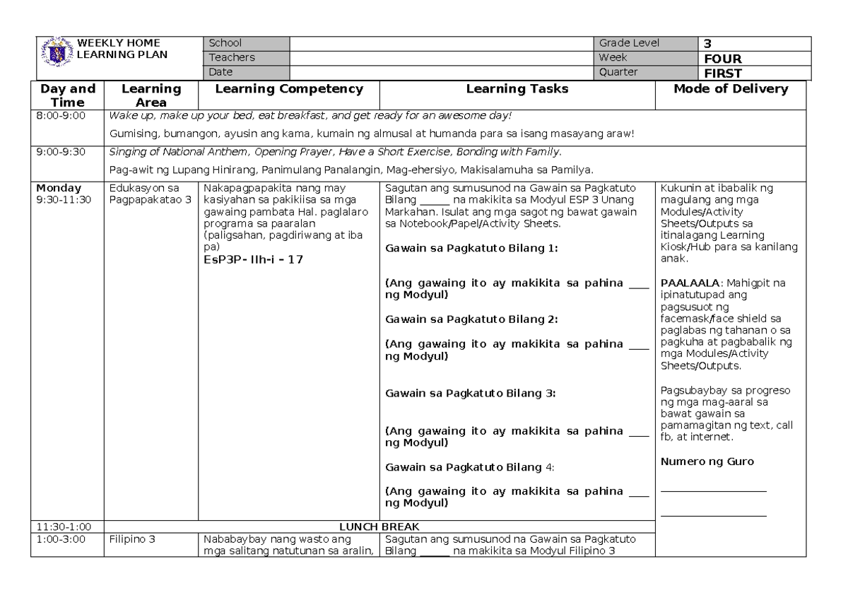 WHLP- Grade 3 (Q1 Week 4) - WEEKLY HOME LEARNING PLAN School Grade ...