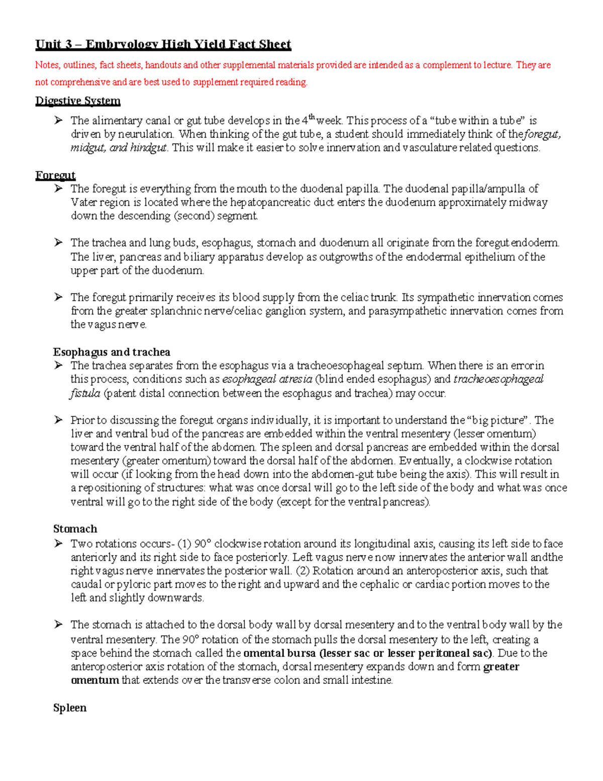 High Yield Embryology Notes - Unit 03 Overview - Studocu