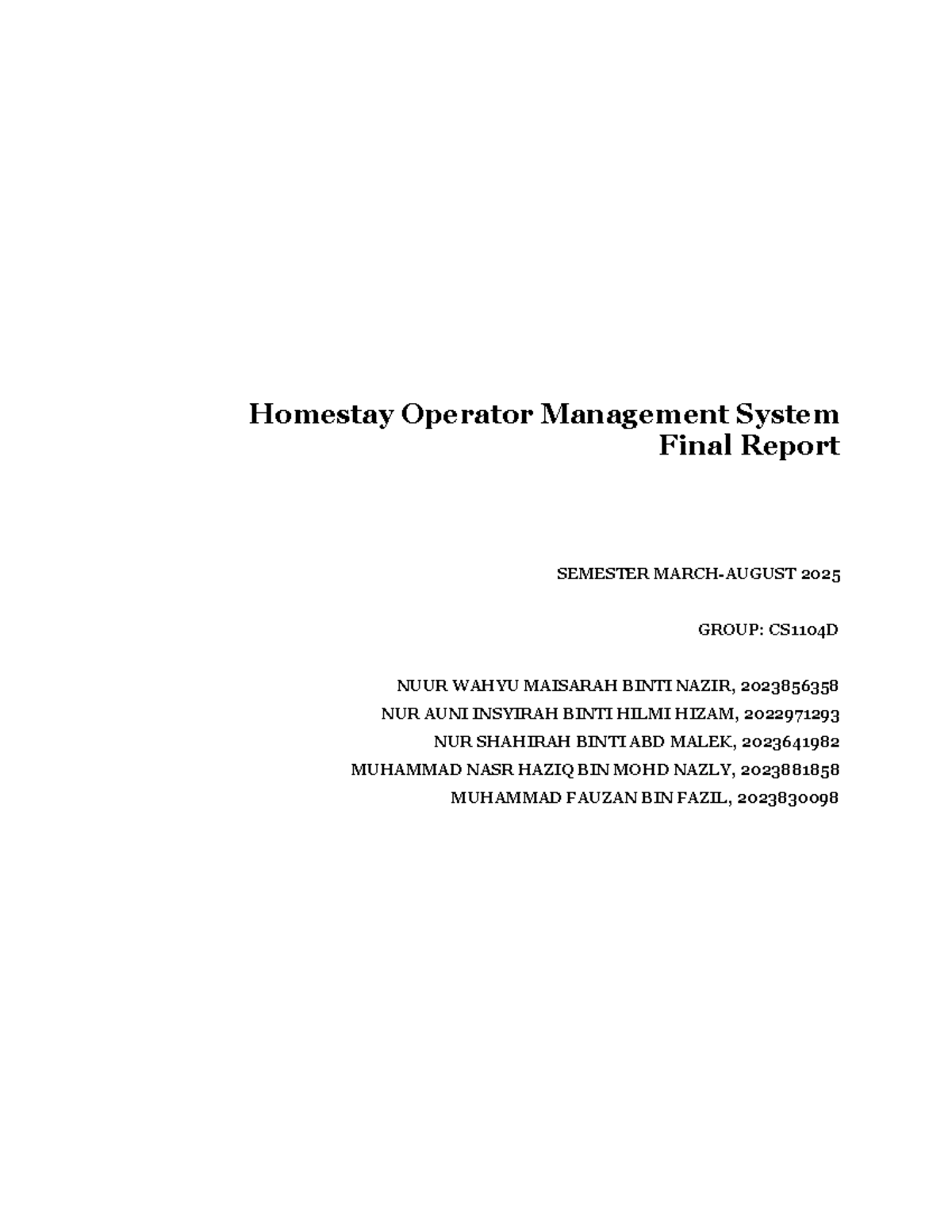 CS1104D Final Report on Homestay Operator Management System - Studocu