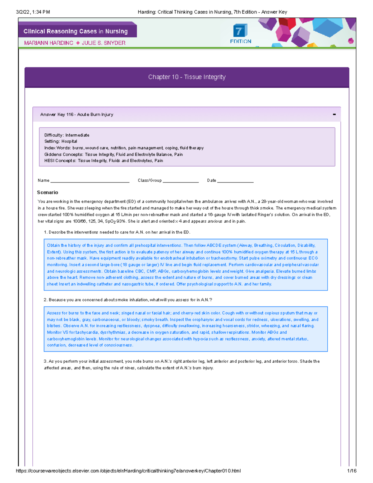Burns Case Study - Answer Key for Critical Thinking in Nursing (7th Ed ...