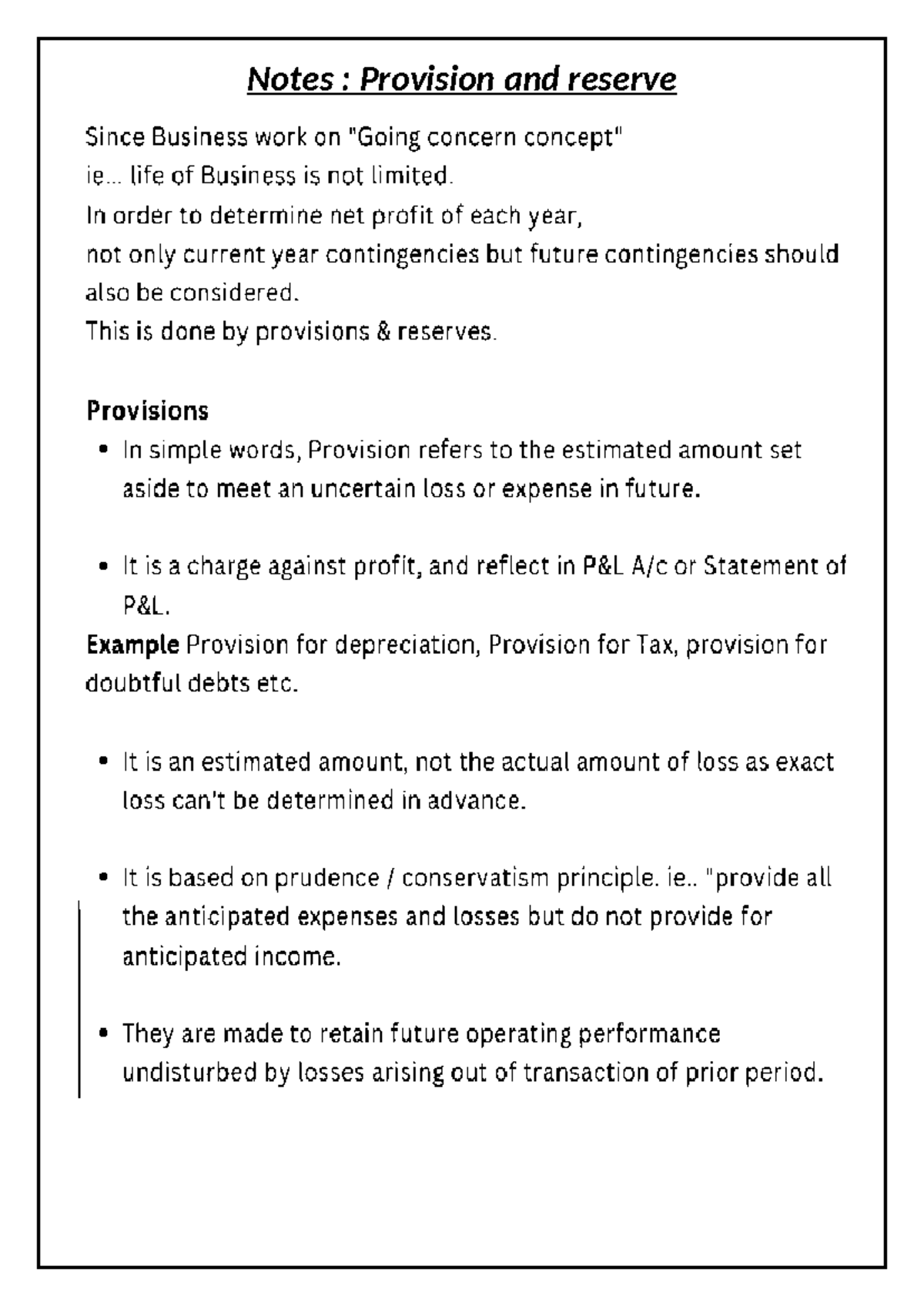 DPRV 101: Notes on Provisions and Reserves in Business - Studocu