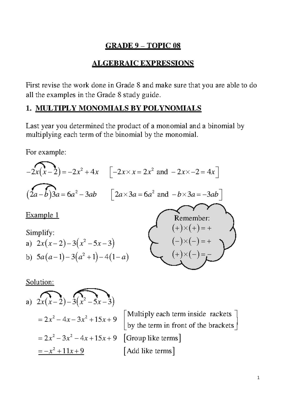 AEN20 GRADE 9 ALGEBRAIC EXPRESSIONS STUDY GUIDE - Studocu