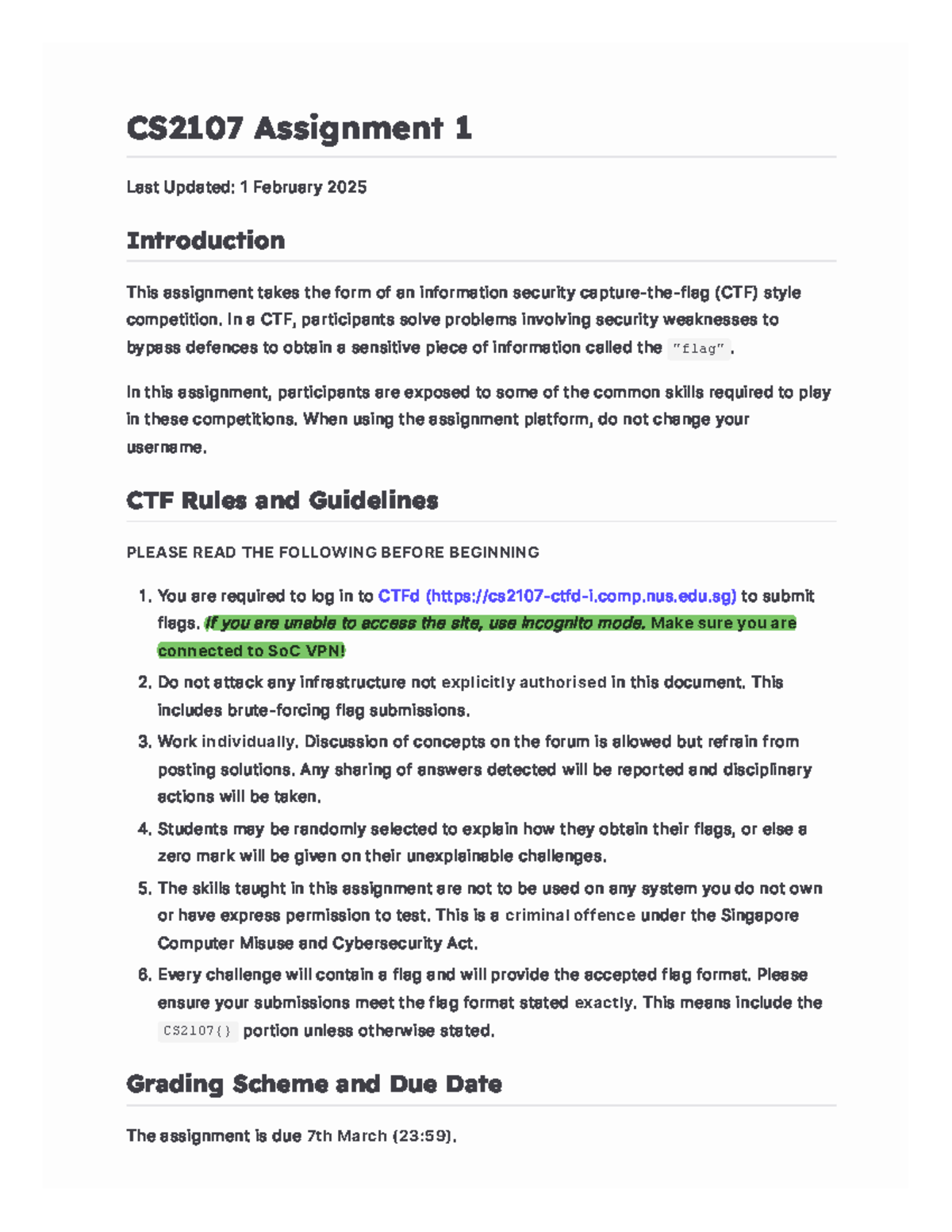 CS2107 Assignment 1: CTF Competition Guidelines & Grading Details - Studocu