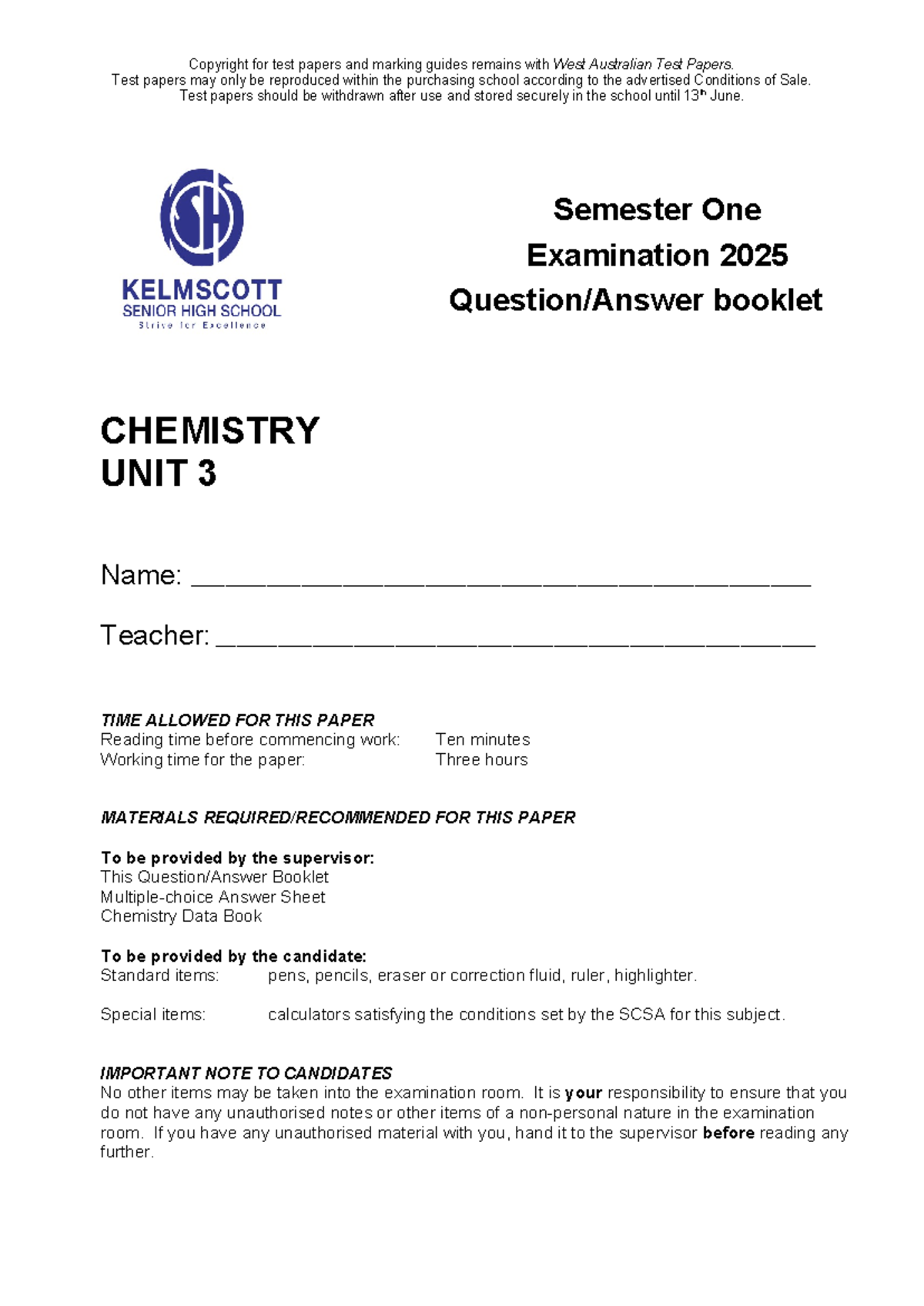 2025 Chemistry Unit 3 Final Exam Paper - Studocu