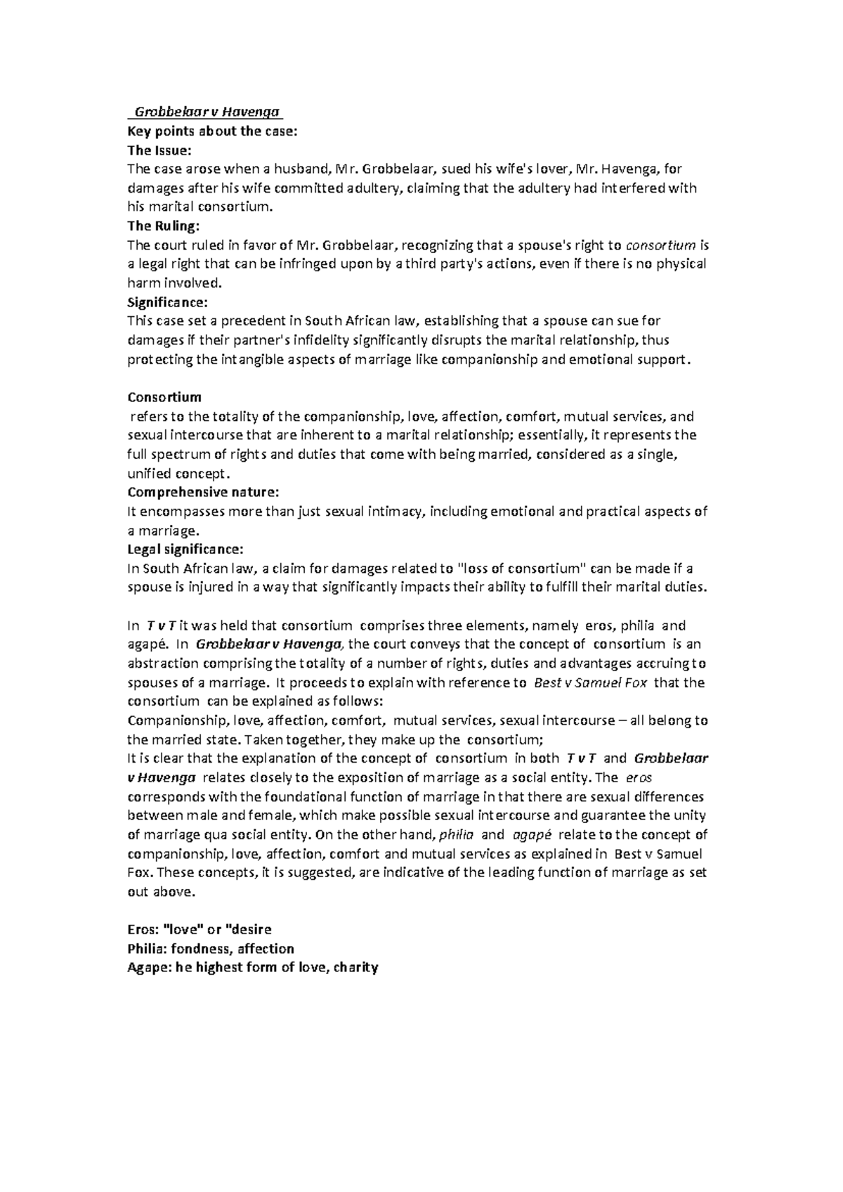 Grobbelaar v Havenga Case Summary: Legal Aspects of Consortium - Studocu