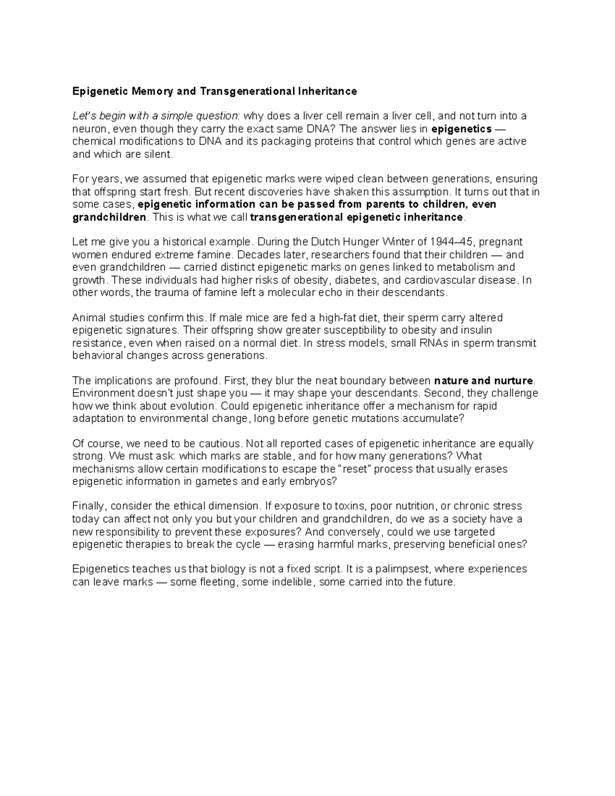 Epigenetic Memory & Transgenerational Inheritance: Implications ...