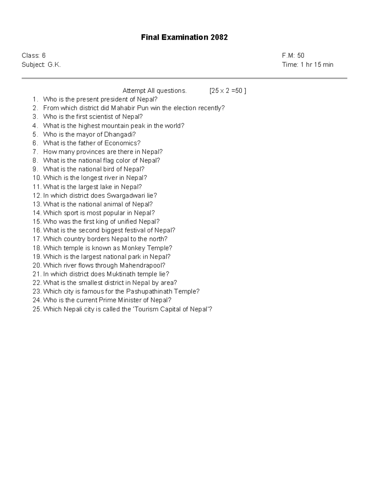 G.K. Final Exam 2082 Class 6: All Questions Included - Studocu