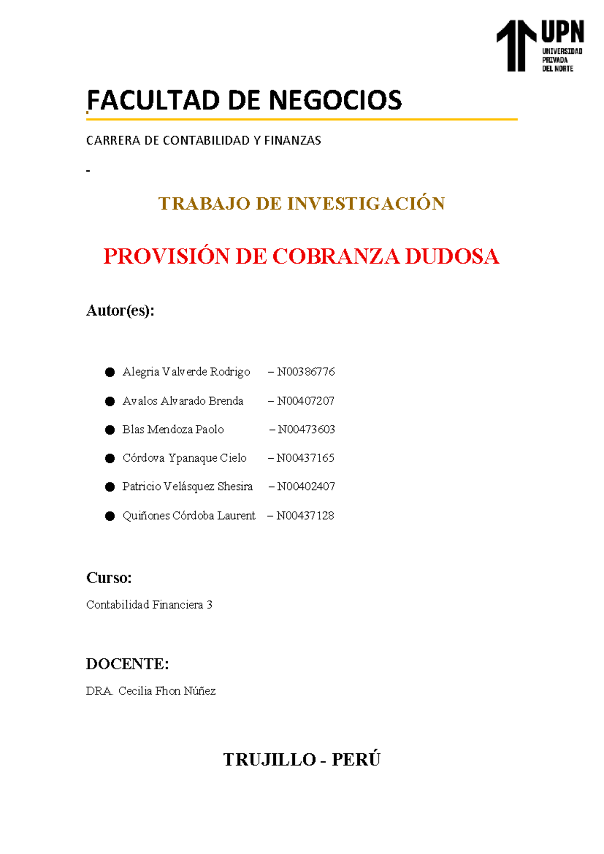 C.F. 3 T3 - Provisión de Cobranza Dudosa: Análisis y Metodología - Studocu