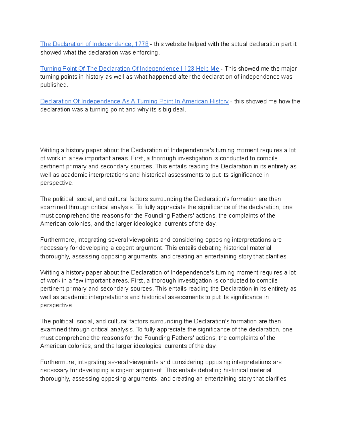 Turning Points in the Declaration of Independence - History Essay - Studocu