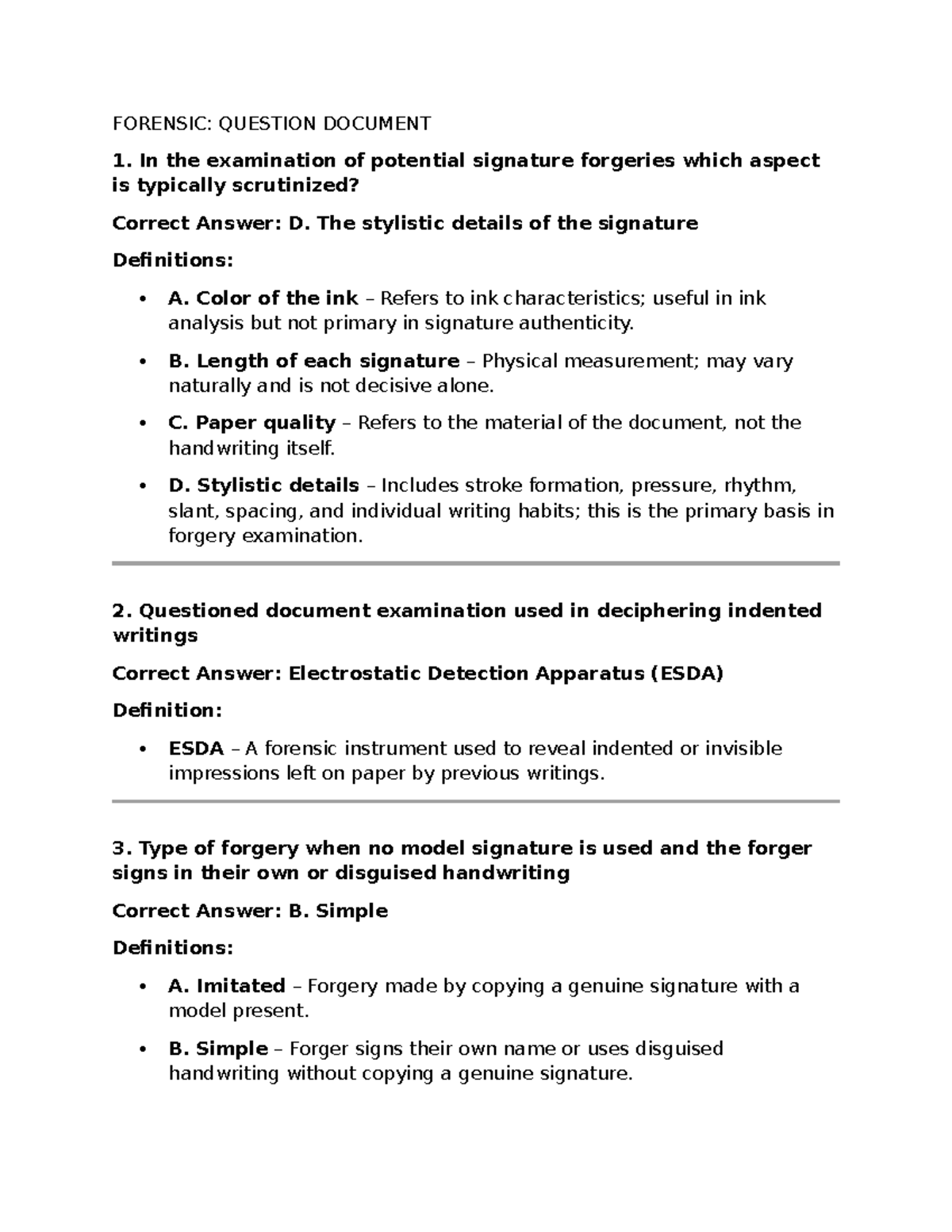 FOR 101: Forensic Document Examination Questions and Answers - Studocu