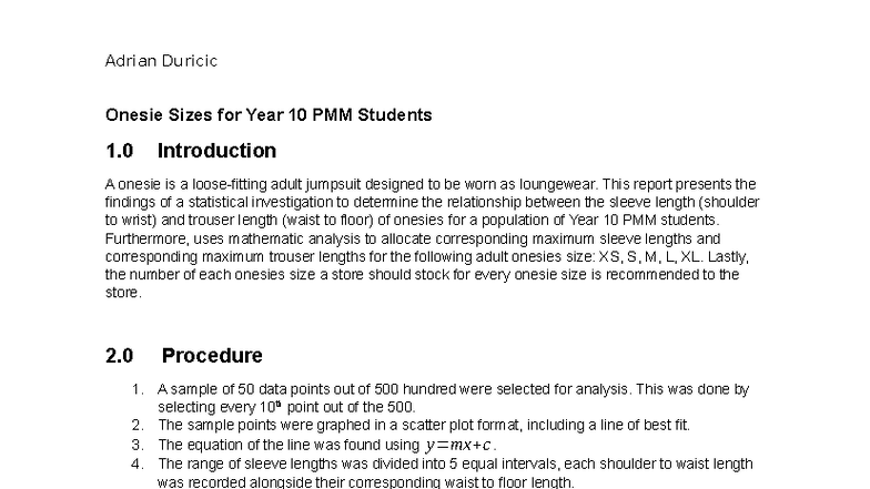 Onesie Size Analysis for Year 10 PMM Students: A Statistical Report ...