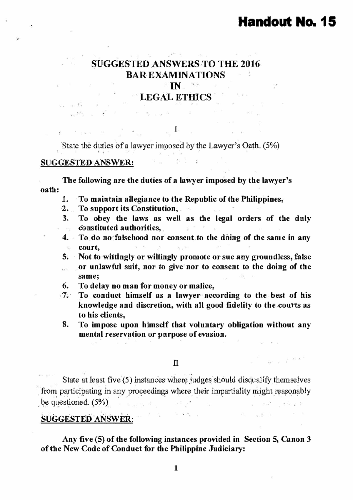 2016 Bar Exam Suggested Answers: Legal Ethics (QA) - Studocu