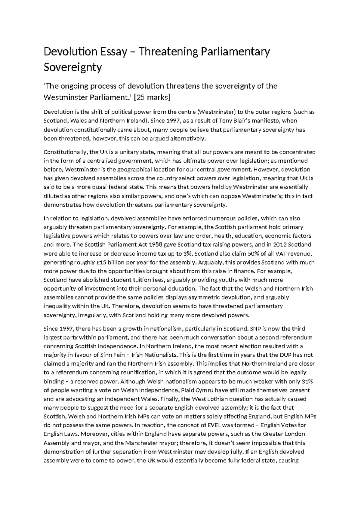 Devolution Essay (Course Code) – Examining Its Impact on Parliamentary Sovereignty - Studocu