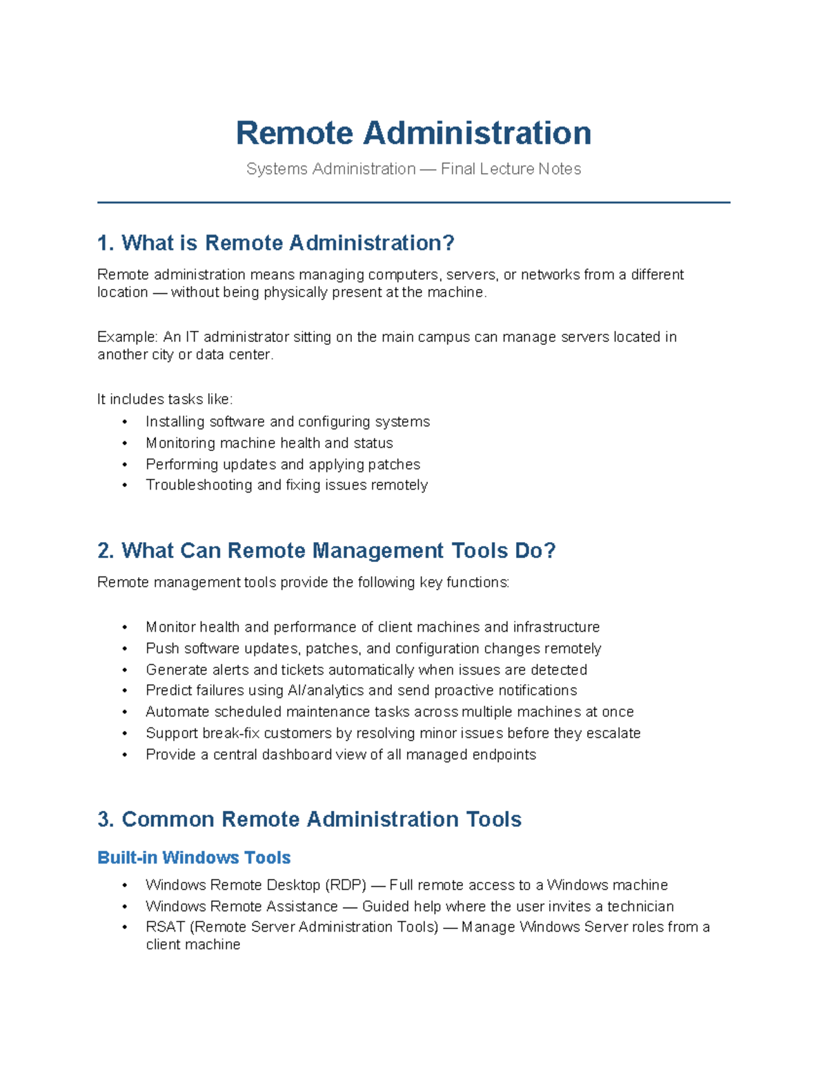 Remote Administration Systems Administration Final Lecture Notes - Studocu