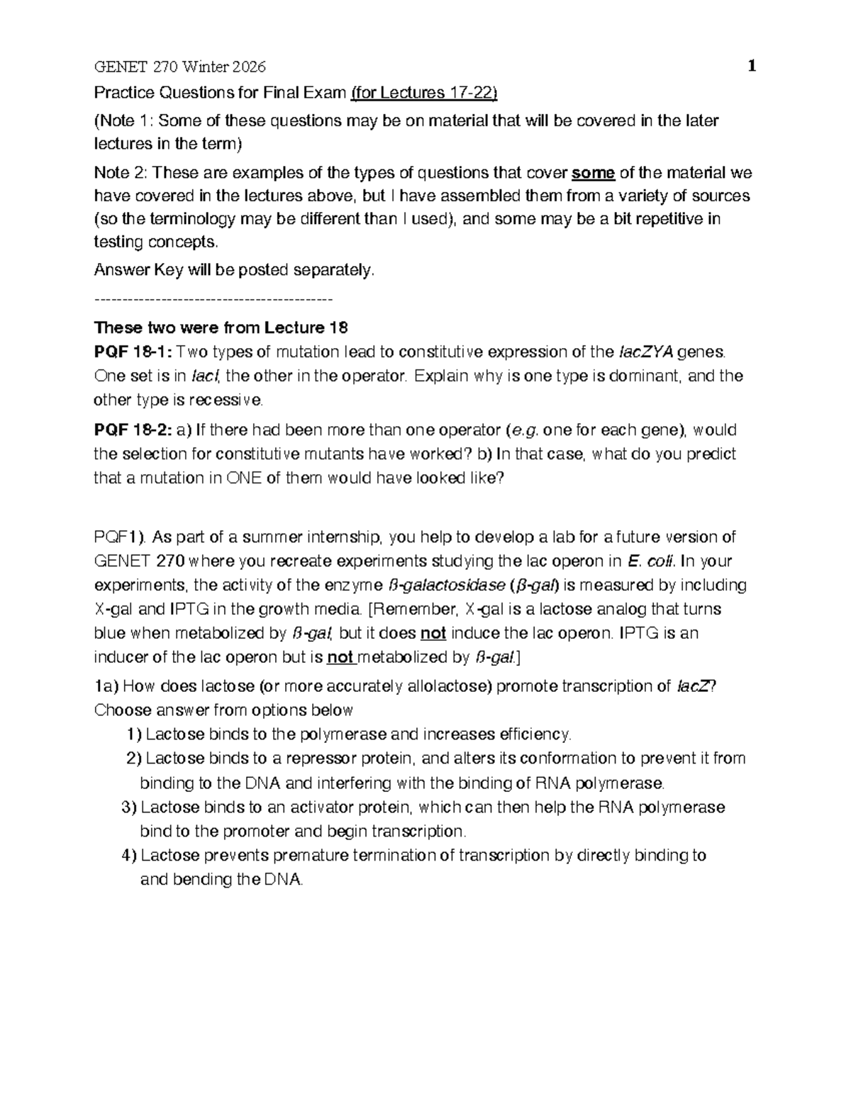 GENET 270 Winter 2026 Practice Questions for Final Exam - Set #1 - Studocu