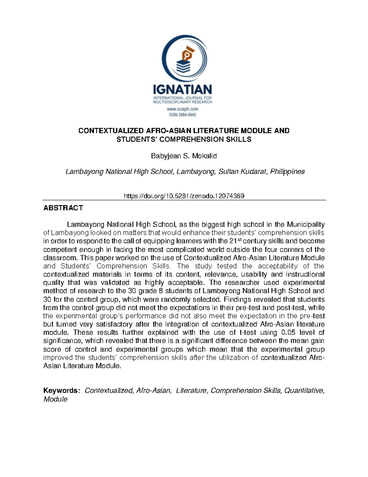 Contextualized AFRO Asian Literature Module: Enhancing Comprehension Skills - Studocu