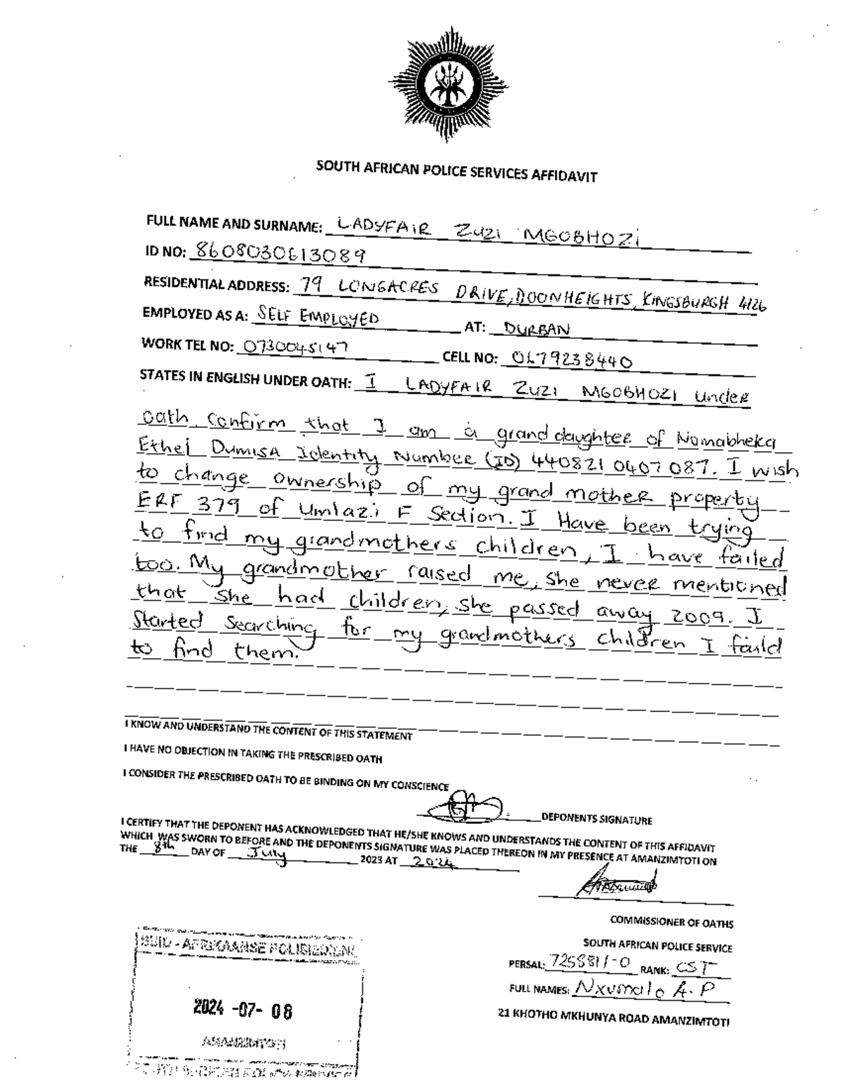 SAPS Affidavit: Ladyfair Zuzi Mgobhozi Property Ownership Change - Studocu