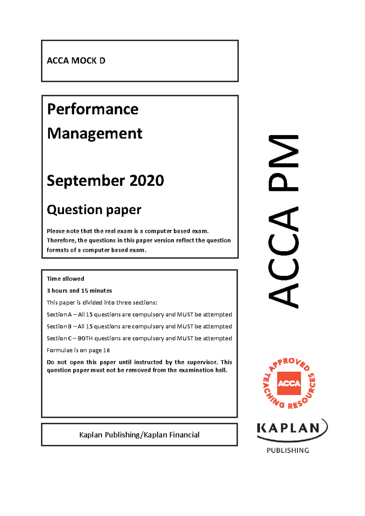 PM Mock D Questions S20 - ACCA Performance Management Exam Paper - Studocu