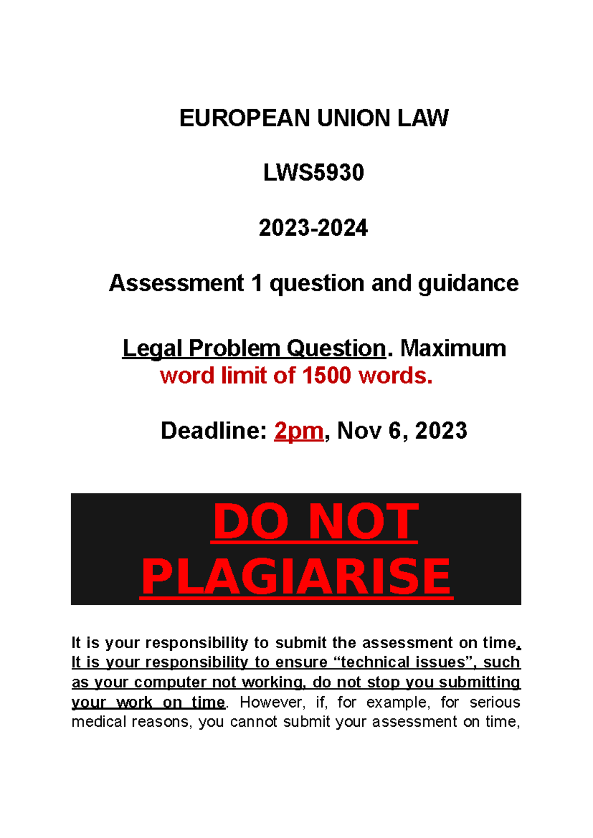 LWS5930 - Assessment 1: Legal Problem Question Guidance and Structure ...