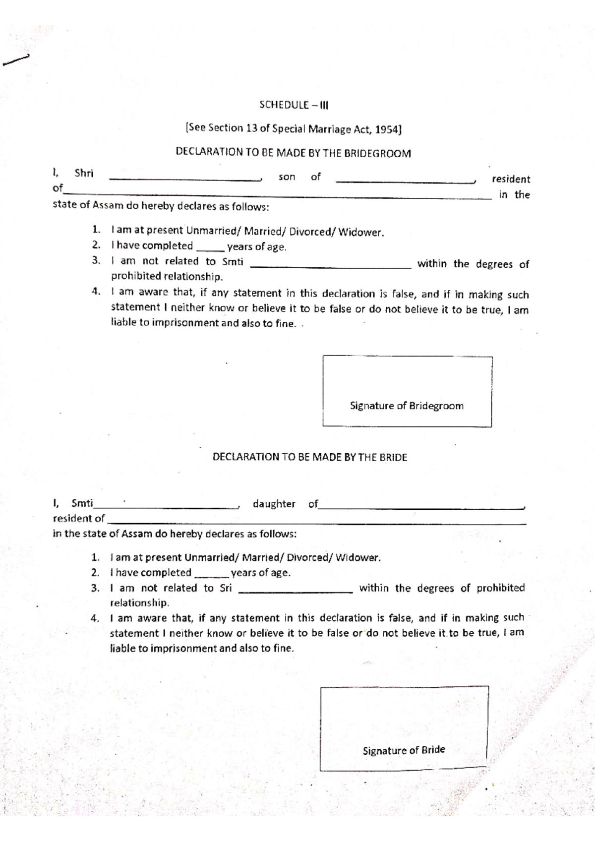 Declaration Form III-1-2: Special Marriage Act Section 13 - Studocu