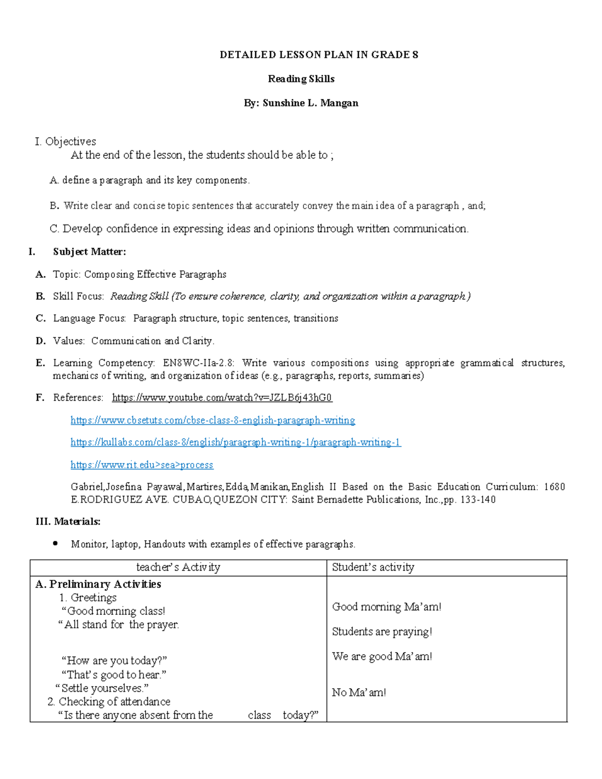 Grade 8 Final Lesson Plan: Composing Effective Paragraphs - Studocu