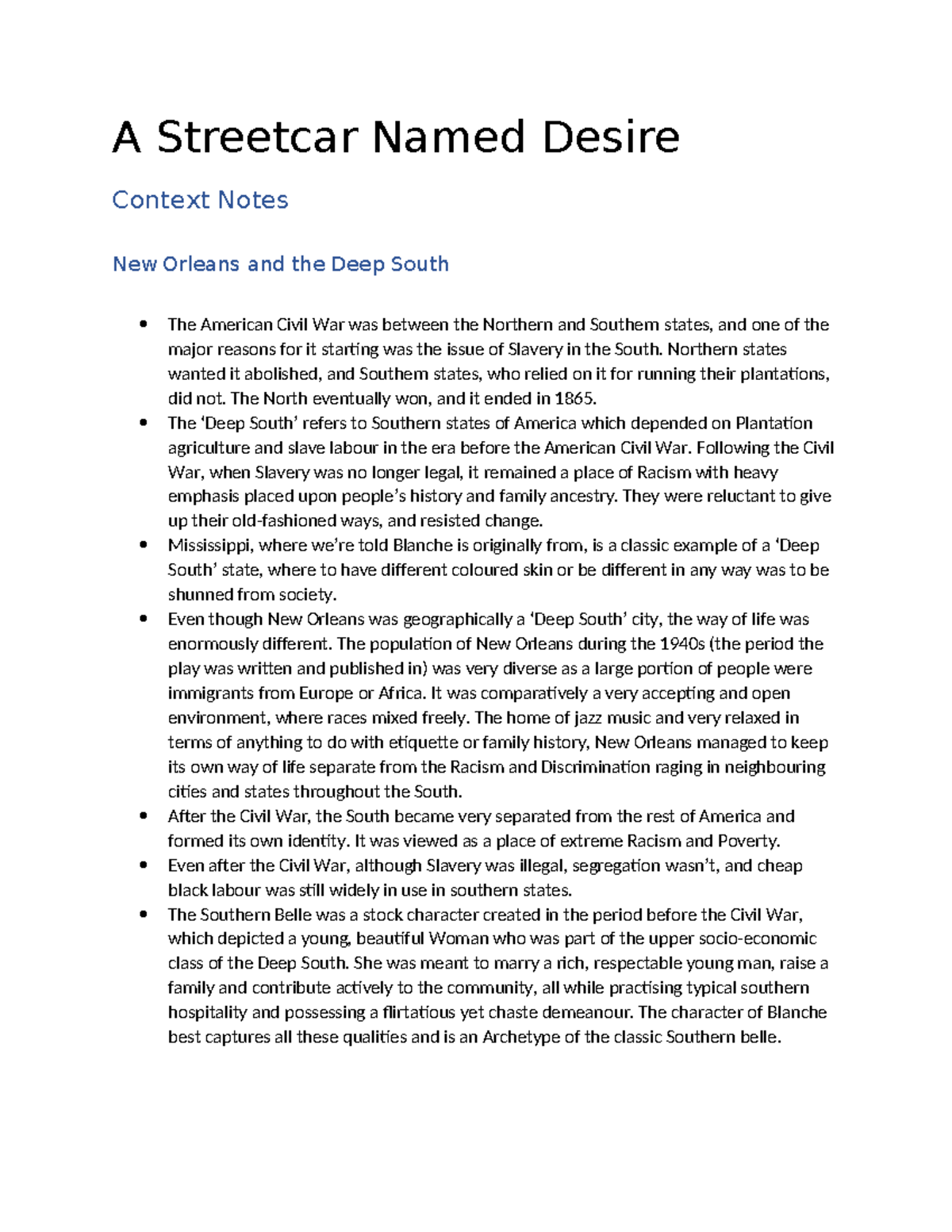 ASND Context Revision Notes - A Streetcar Named Desire - Studocu