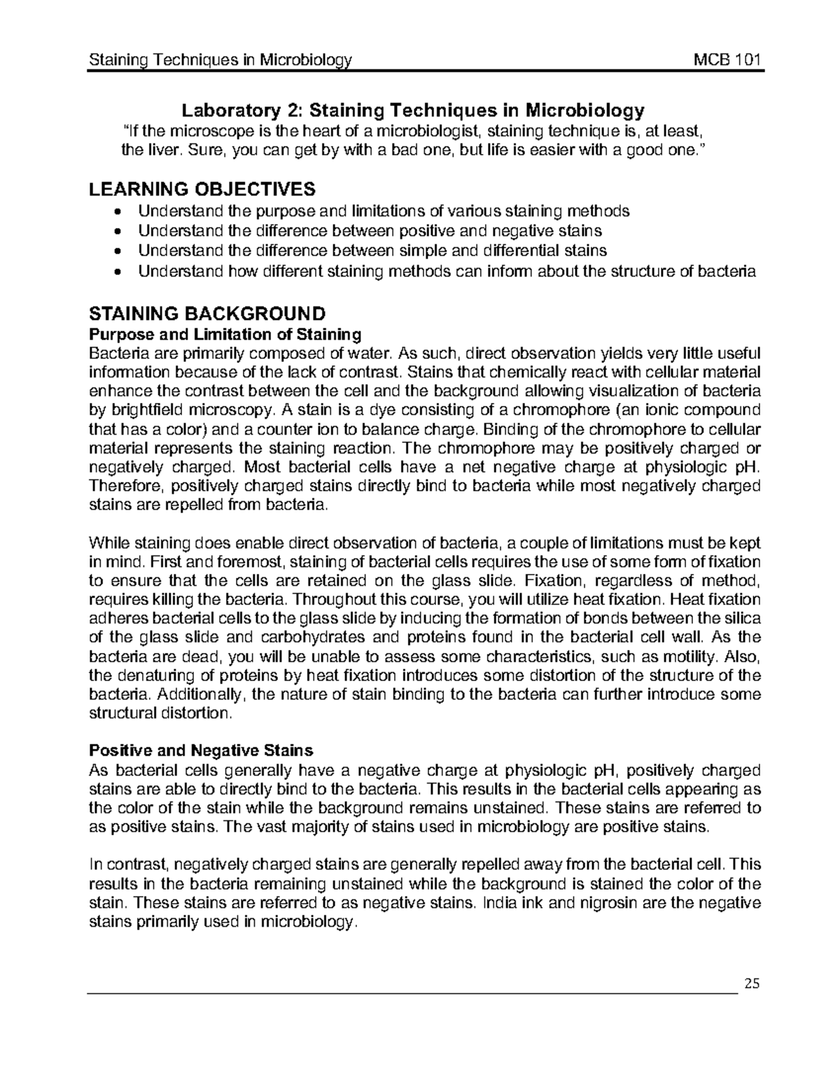 Laboratory 2: Staining Techniques in Microbiology MCB 101 - Studocu