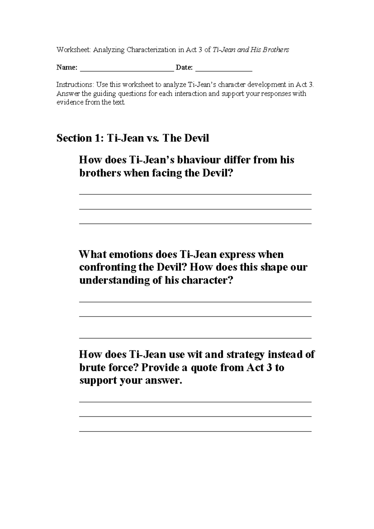 Worksheet on Character Analysis in Ti-Jean and His Brothers (Act 3 ...
