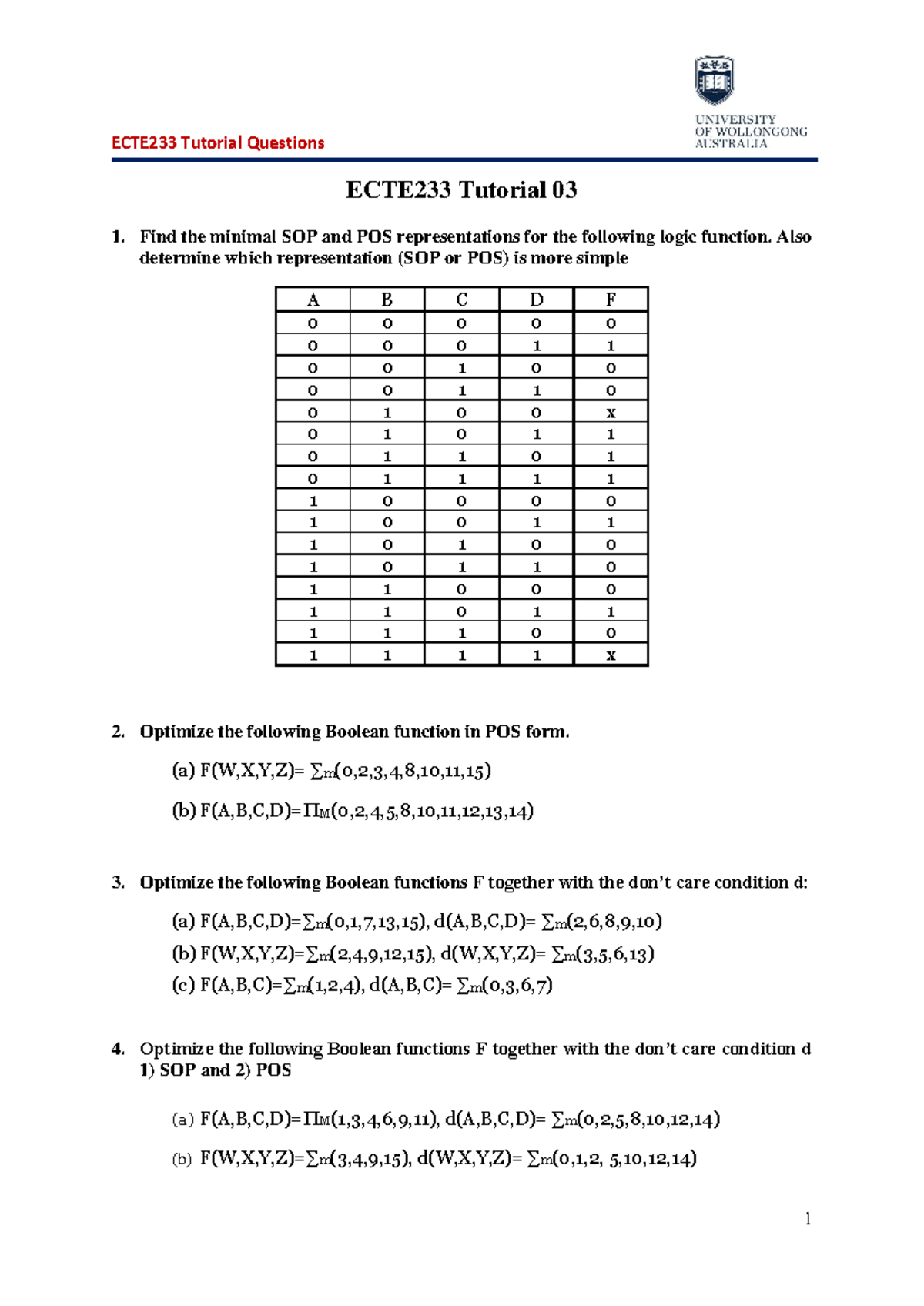 ECTE233 Tutorial 03: SOP and POS Logic Function Optimization - Studocu