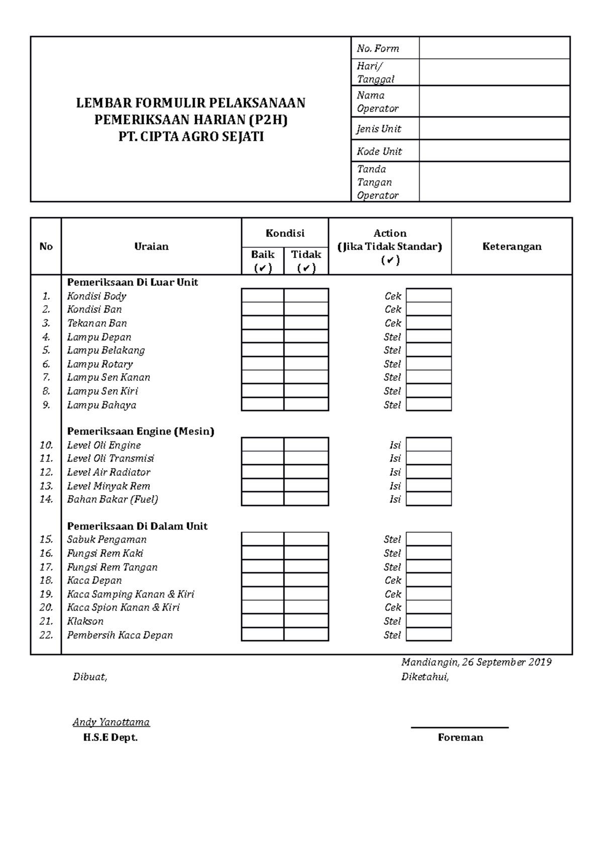 429896117 P2H Daily Inspection Form - PT. Cipta Agro Sejati - Studocu