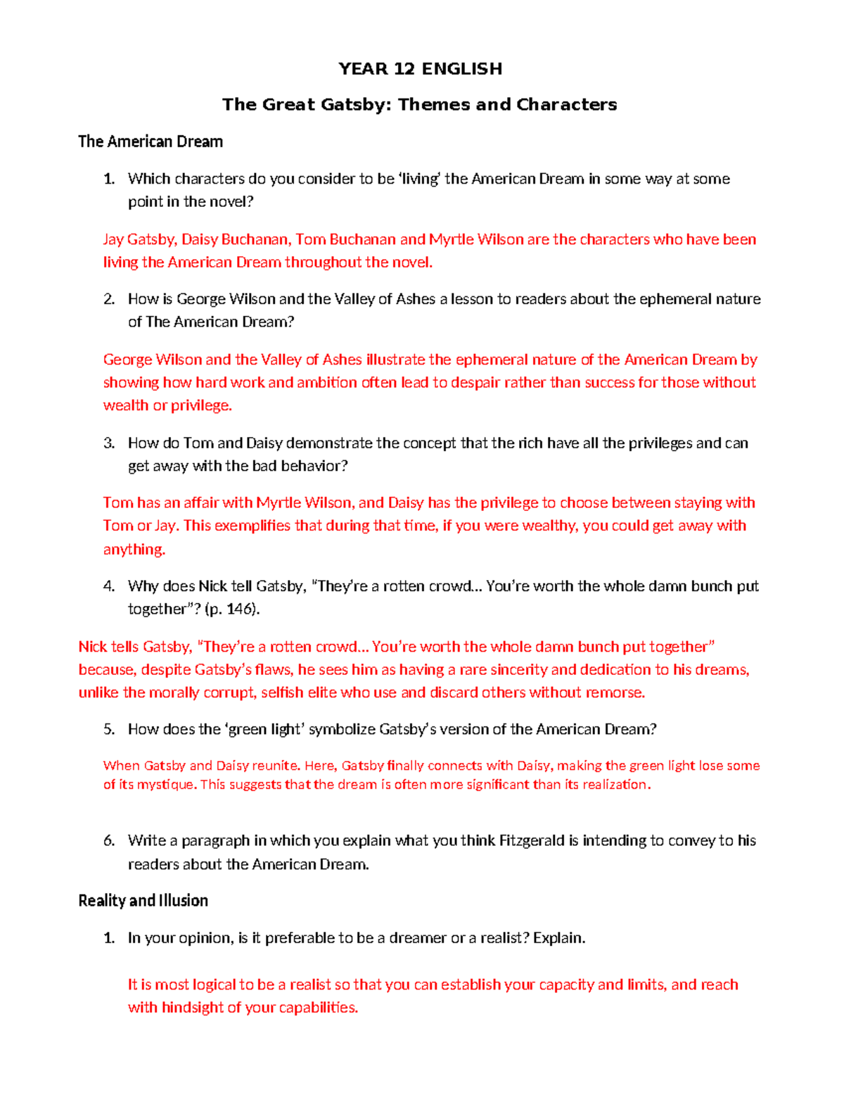 YEAR 12 ENGLISH: The Great Gatsby - Themes & Character Analysis Notes ...