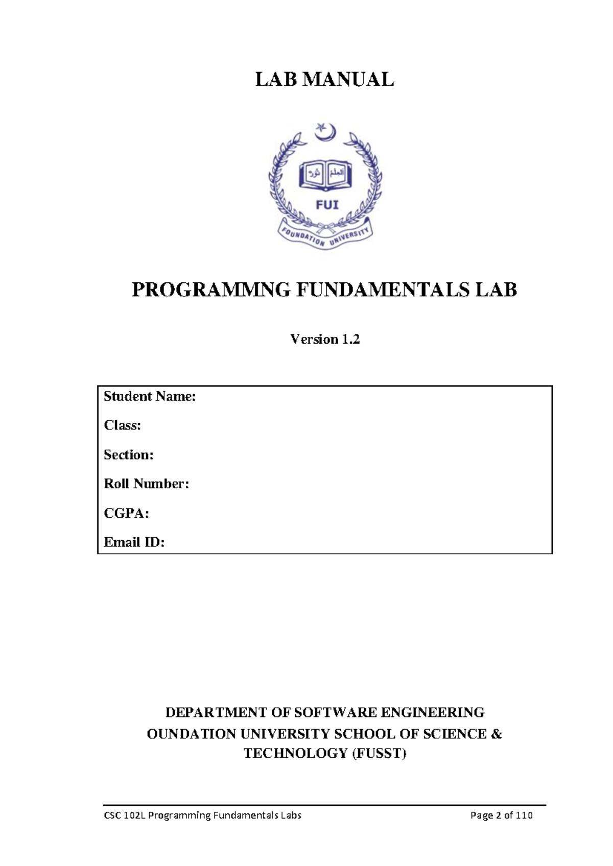 CSC 102L Programming Fundamentals Lab Manual and Exercise Guide - Studocu