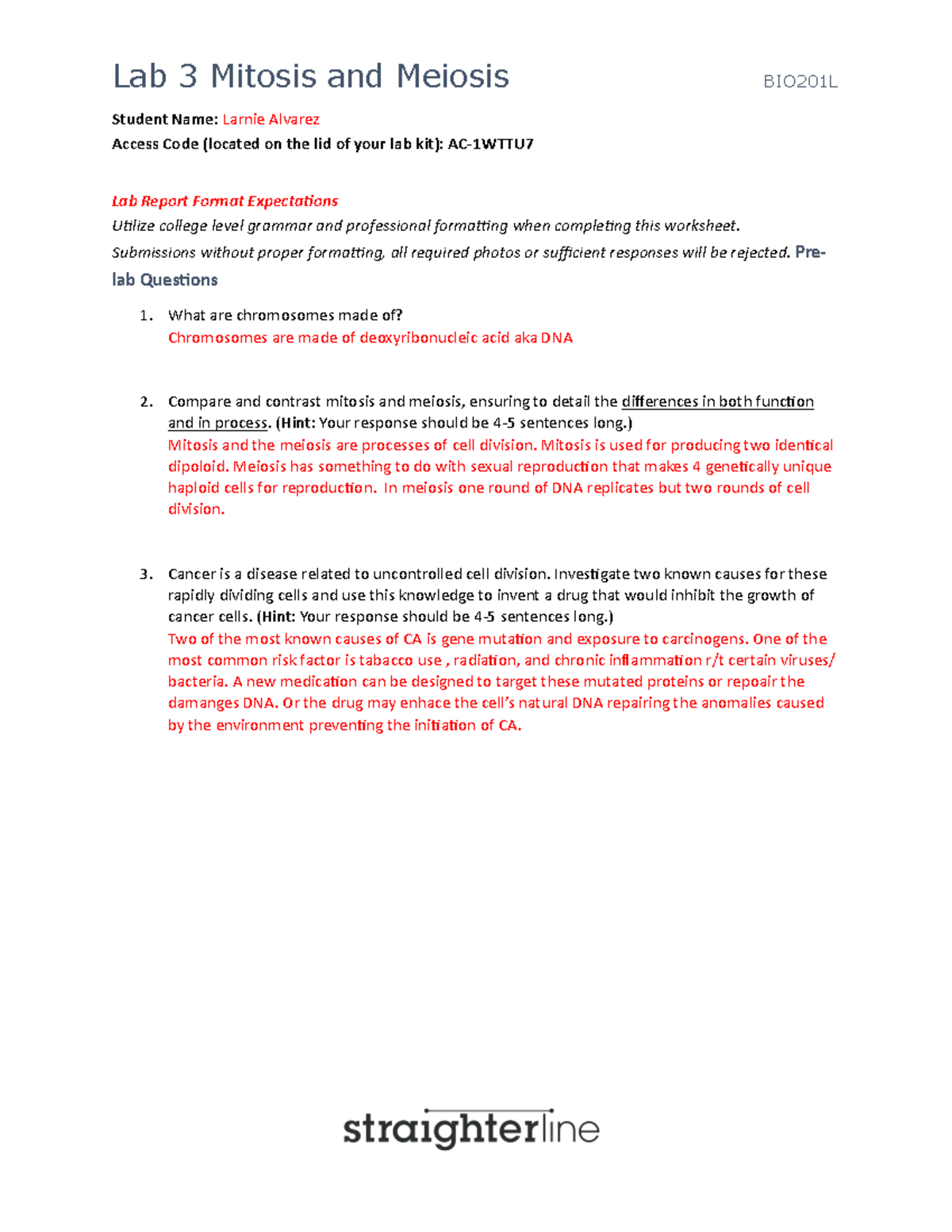 BIO201 Lab Report on Cell Division: Mitosis and Meiosis Insights - Studocu