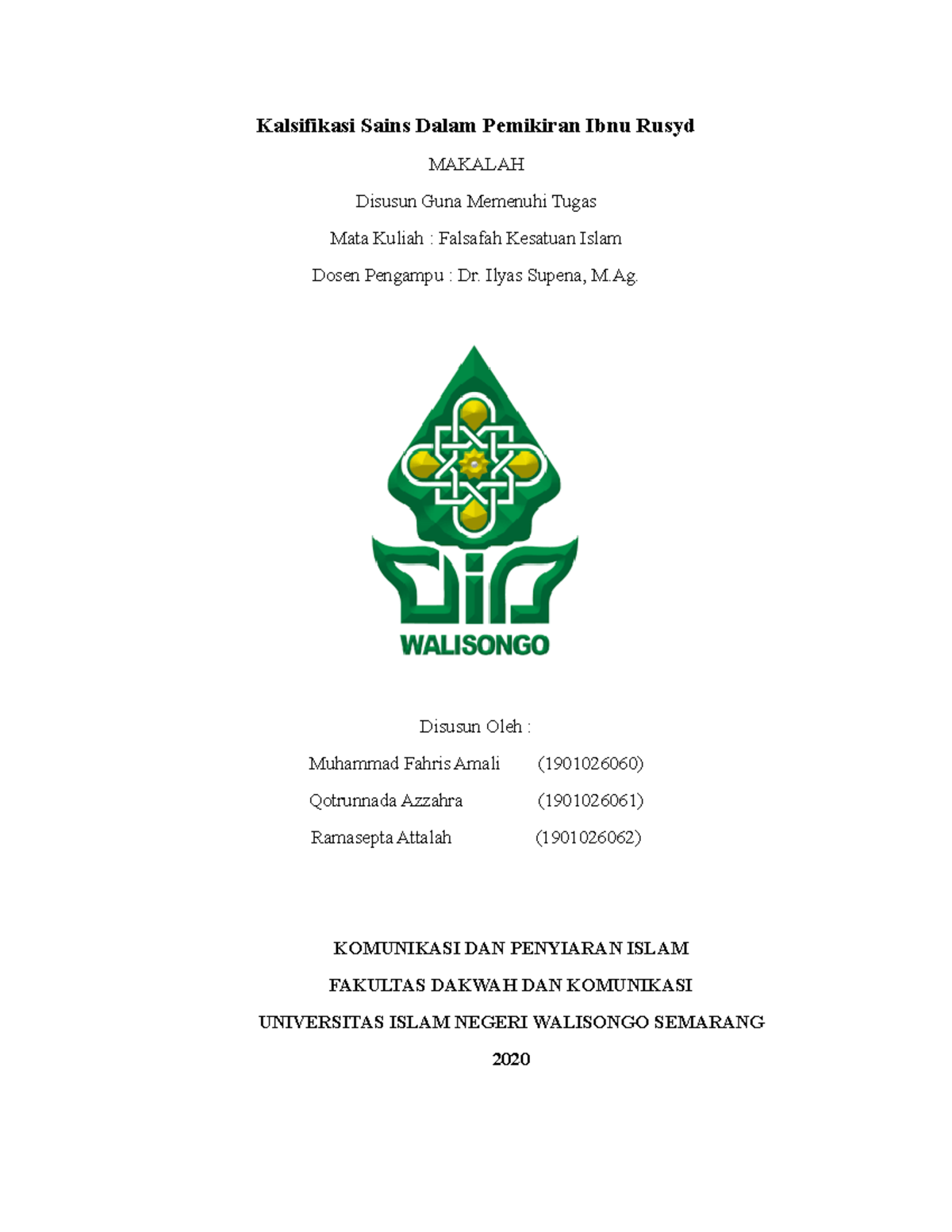 Klasifikasi Ilmu Pengetahuan Menurut Ibnu Rusyd: Makalah FKI 2023 - Studocu