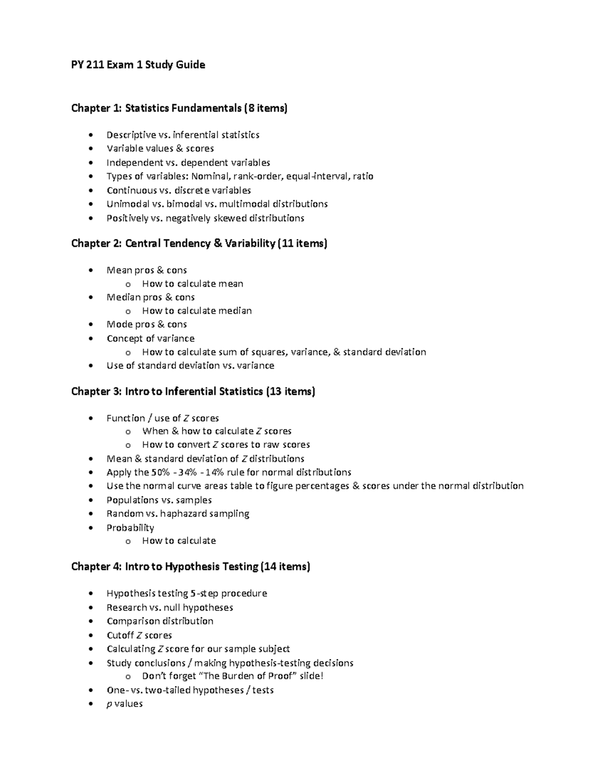 PY 211 Exam 1 Comprehensive Study Guide on Statistics Concepts - Studocu