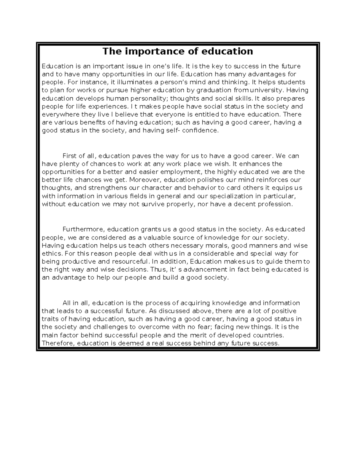 The Importance of Education: Key to Future Success - Studocu